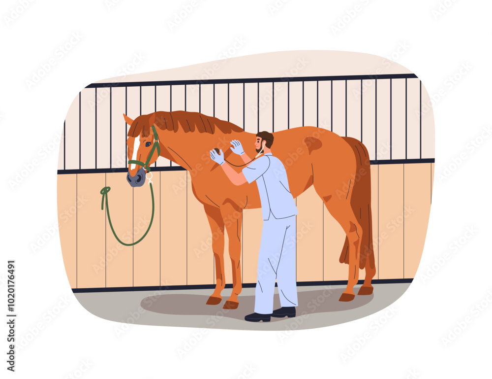 Veterinarian doctor examining horse in stable, equine health care ...