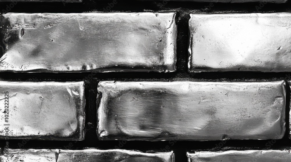 Shiny silver wall with rectangular tiles forming a seamless 3D surface ...