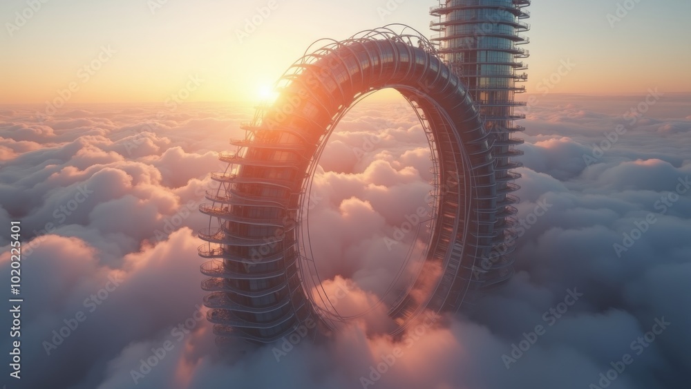 Generative, AI, a futuristic, circular building structure floating ...