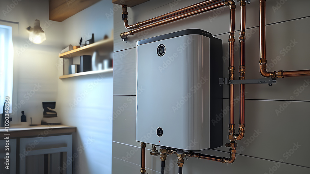 modern tankless water heater installed in a basement, the unit is ...