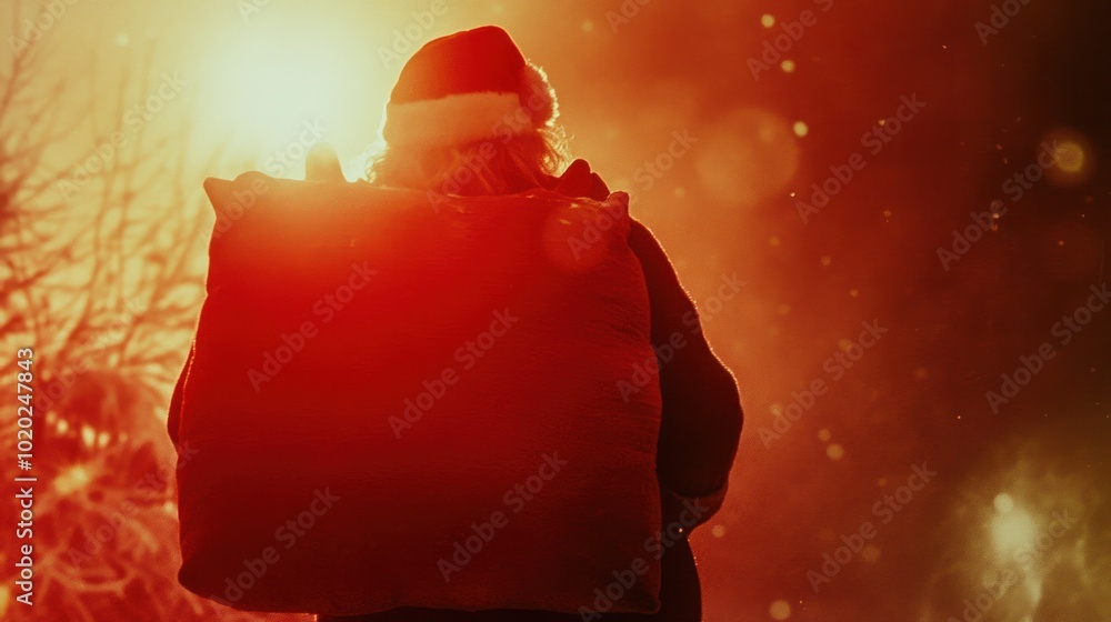 Santa Claus holding a large sack of presents, captured from behind in ...