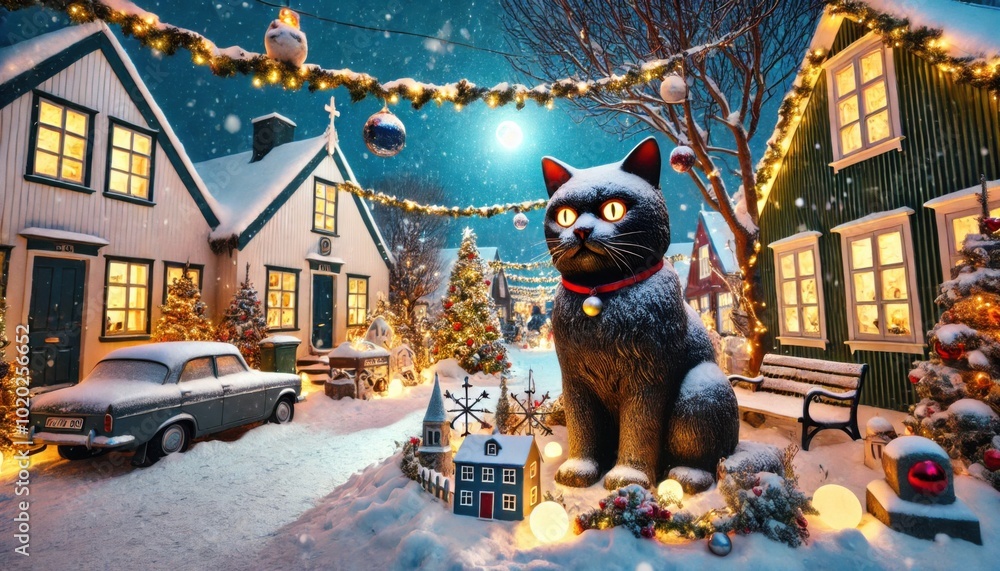 Yule Cat legend in Iceland, featuring a giant cat sculpture surrounded ...