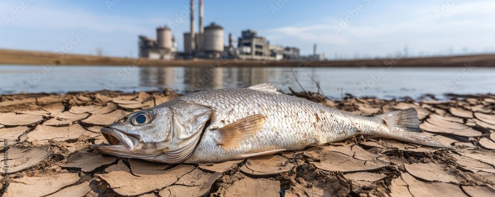 A dead fish lying on a dried-up riverbed, with a factory in the ...