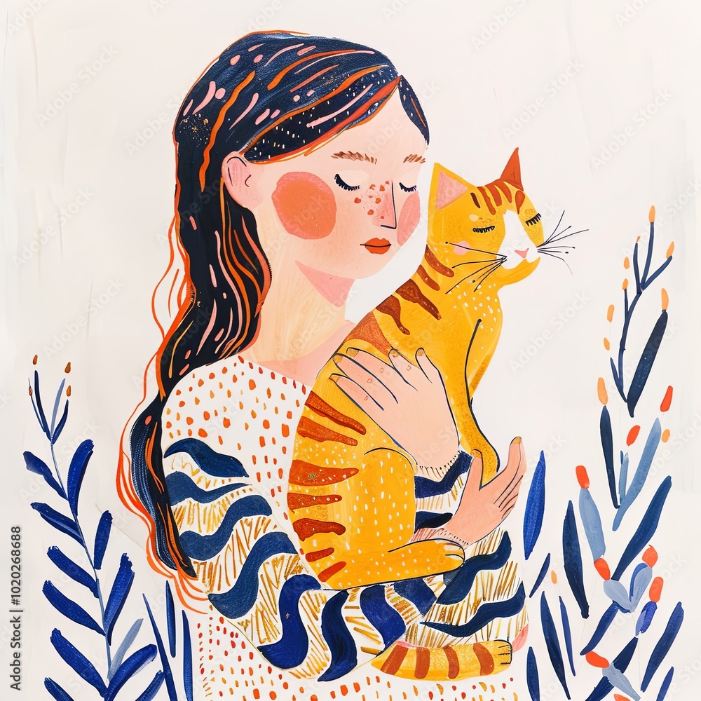 Minimal details, happy tempera gouache. Woman with cat cute ...