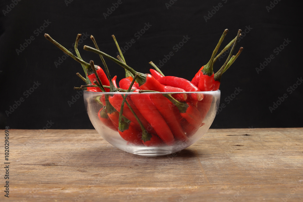 Red hot birds eye chilli pepper in glass bowl on rustic wood background ...