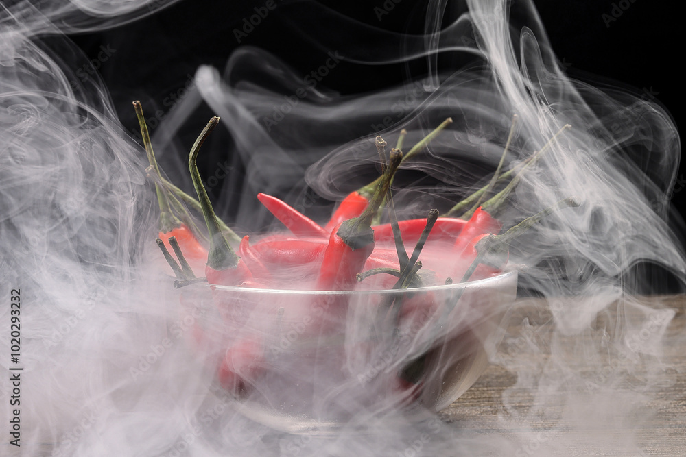 Smoking red hot birds eye chilli pepper in glass bowl on black ...