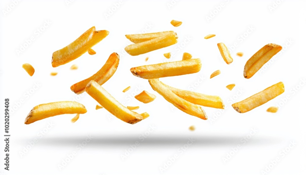 Group of golden French fries scattered in mid-air, isolated on white ...