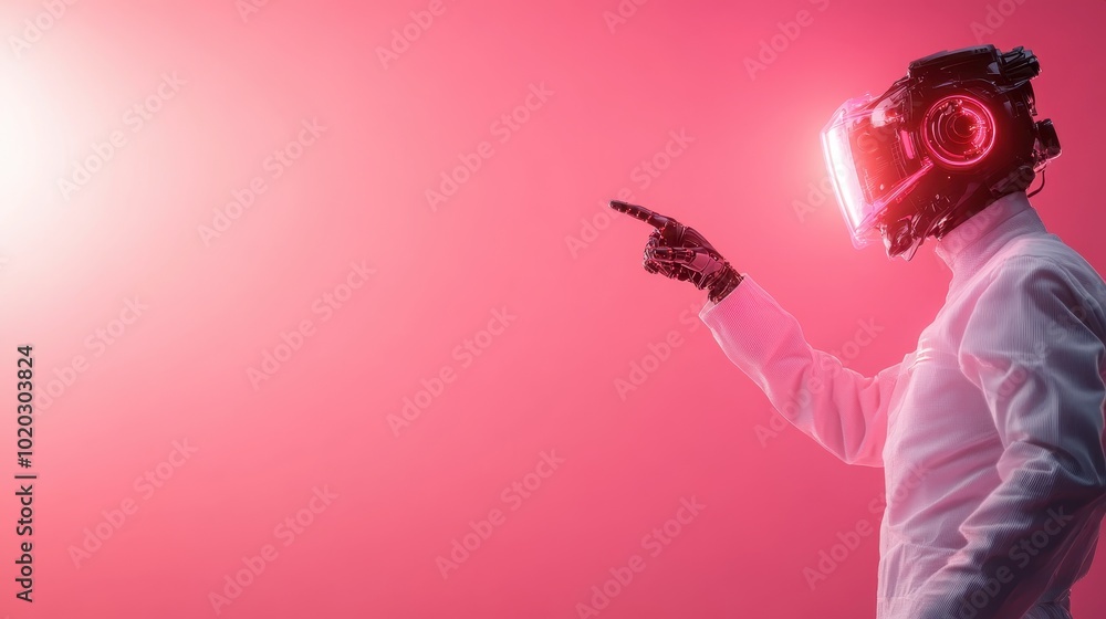 A robot with a sleek electronic visor points ahead, bathed in vibrant ...