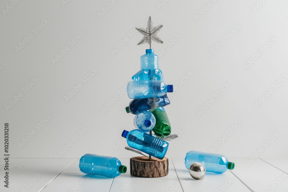 Christmas tree made from recycled plastic bottles with decorations ...