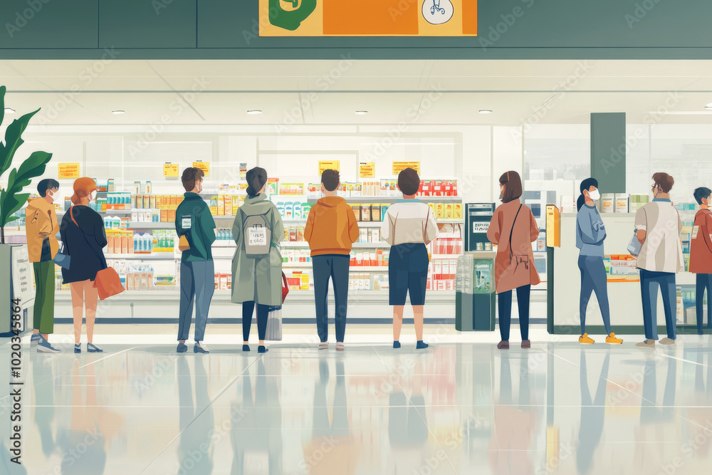 Several people are waiting in line outside a store while wearing masks ...
