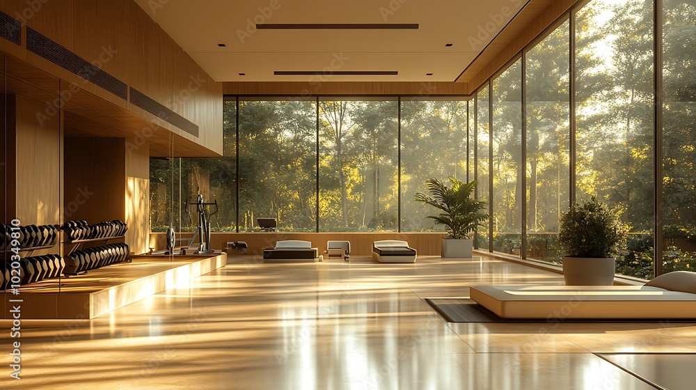 Modern gym interior with sleek equipment, wide-open layout, expansive ...