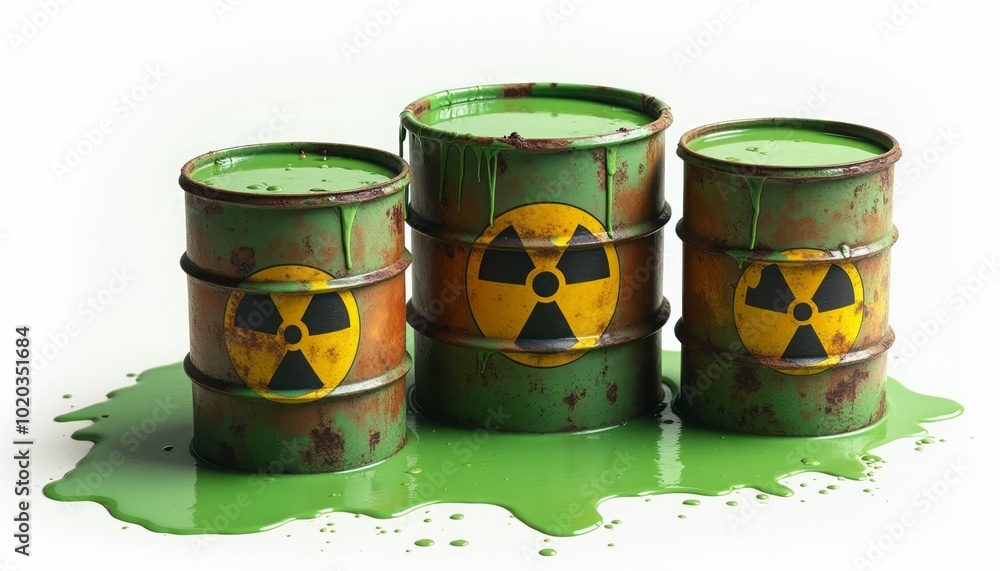 Three metal barrels marked with radioactive symbols are leaking green ...