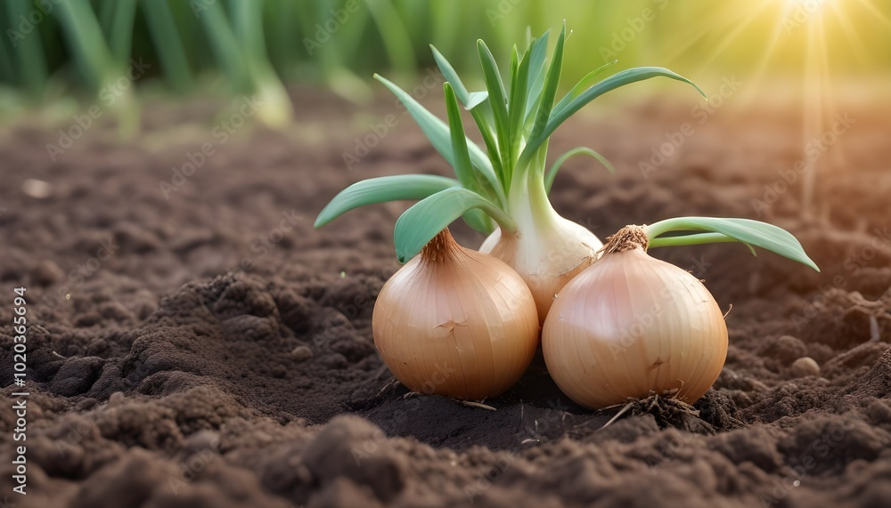 Onion plant growing in soil , with green leaves and visible tubers ...