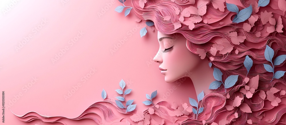 Paper cut-out portrait of a serene woman with pink hair and blue leaves ...