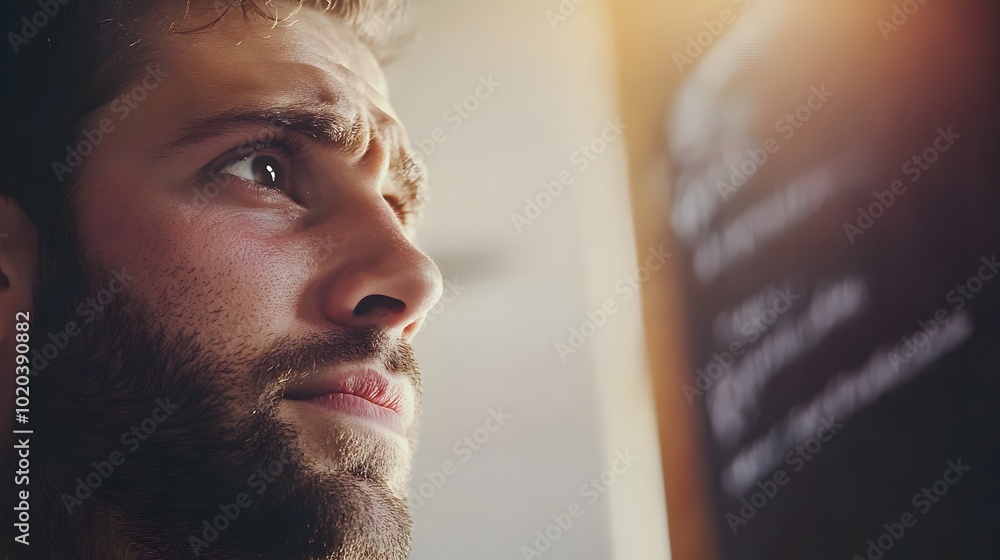 Student straining to read the blackboard in a dimly lit classroom ...
