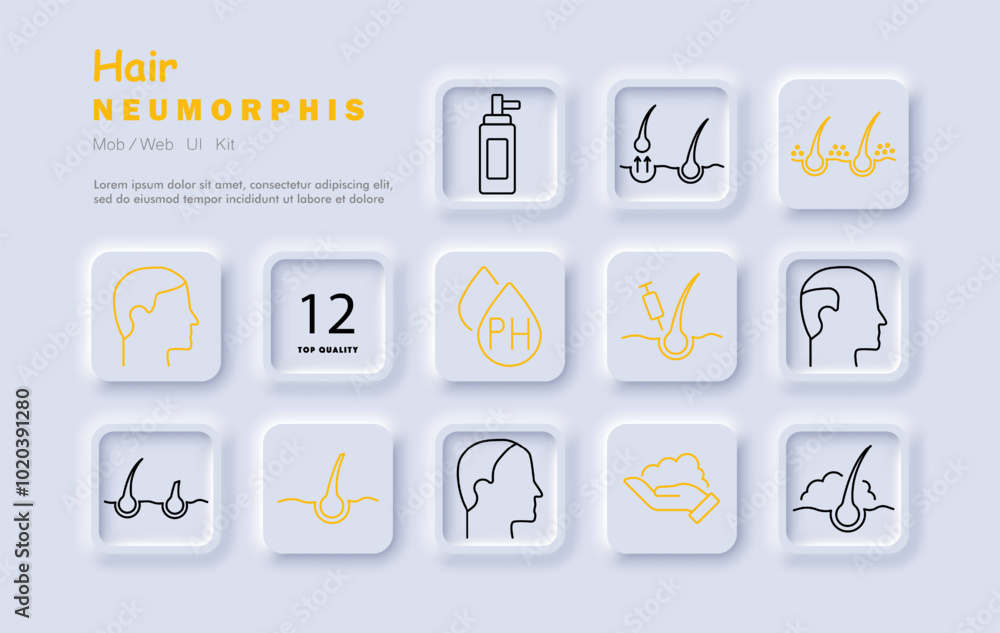 Hair set icon. Hair follicles, pH level, treatment, spray, scalp care ...