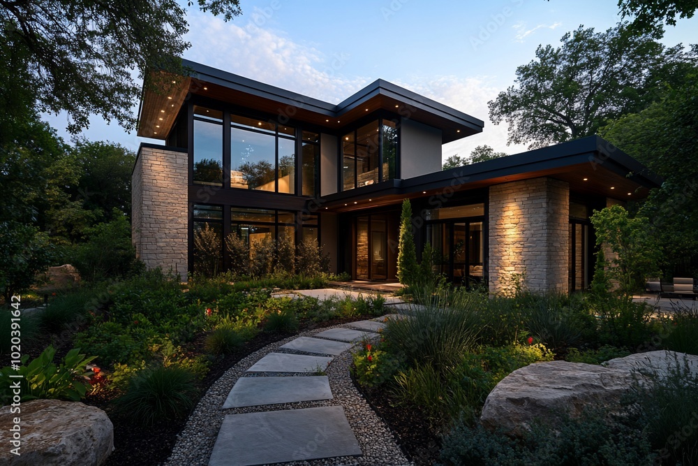 Modern home with a stone exterior and a curved path leading to the ...