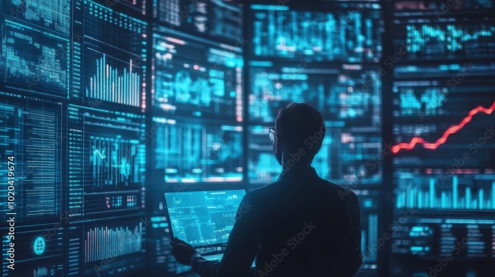 Data science and big data technology. Scientist computing, analyzing and visualizing complex ...