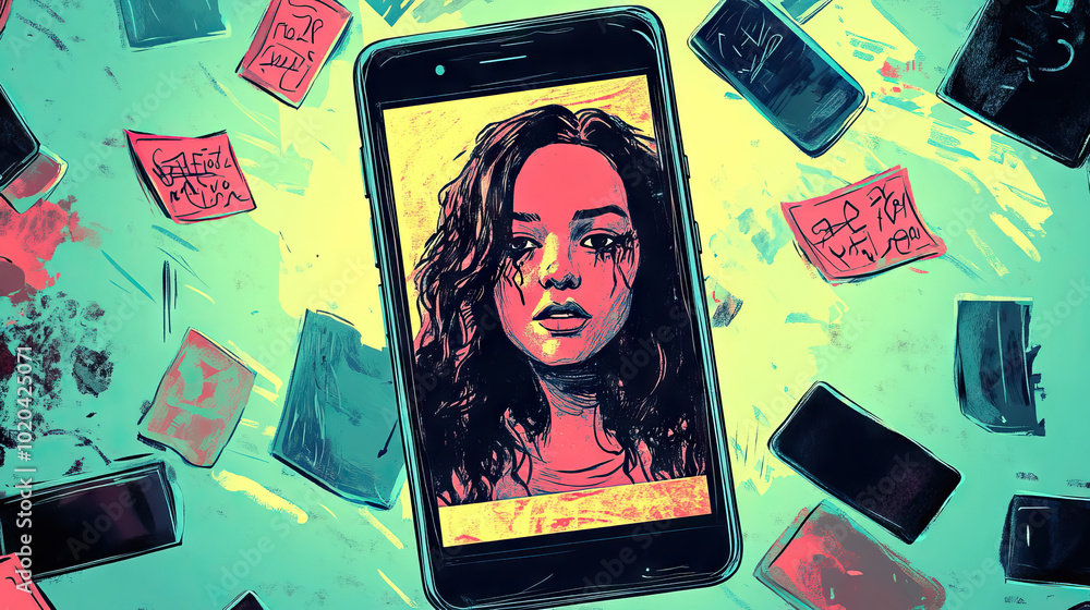 smartphone with a sad girl face in the screen, with a lots of messages ...