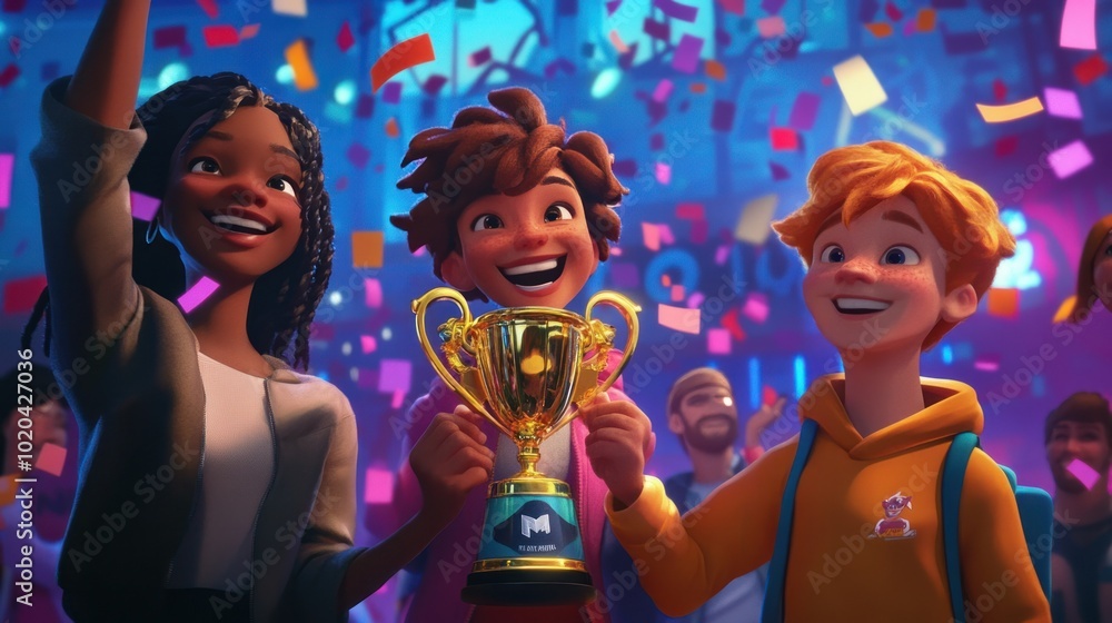 Animated victory celebration with characters proudly holding a trophy ...