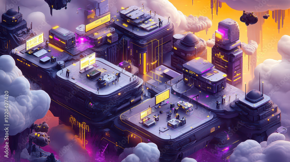 Isometric illustration of remote work in cyberspace: vibrant purple and ...