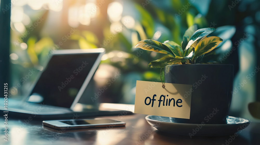 offline sticky note hanging on green plant in pot against blurred ...
