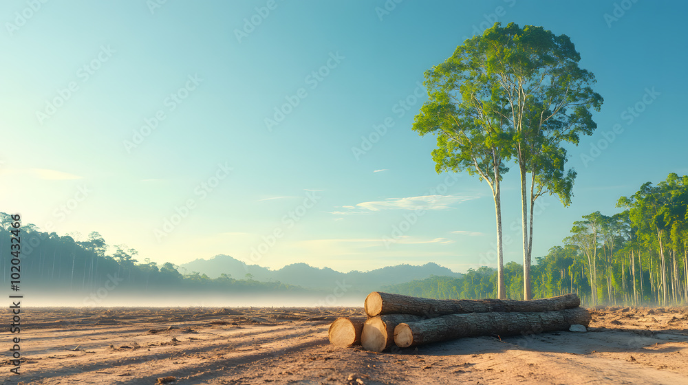 The devastation of deforestation is evident in a barren landscape with ...