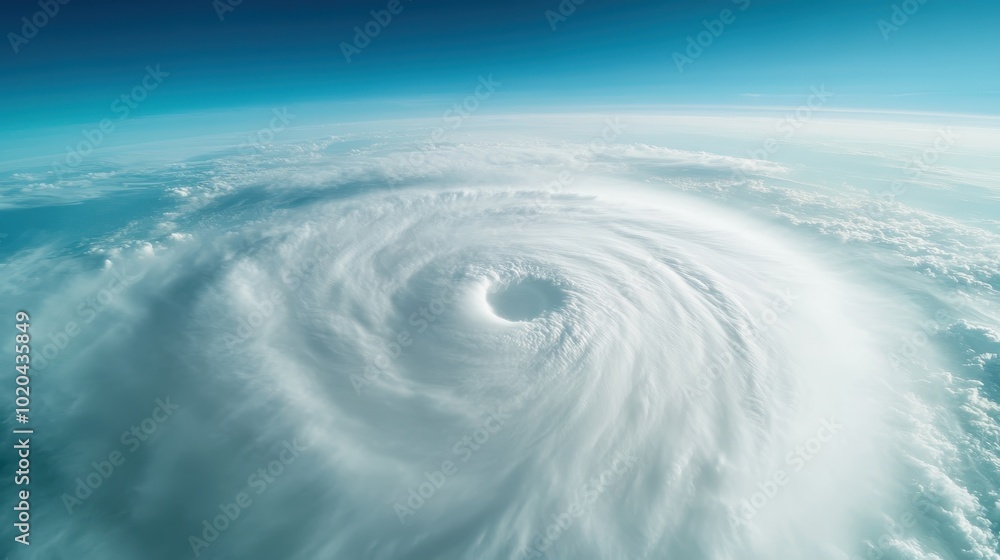 Looking down from above, a massive cyclone with spiraling cloud ...