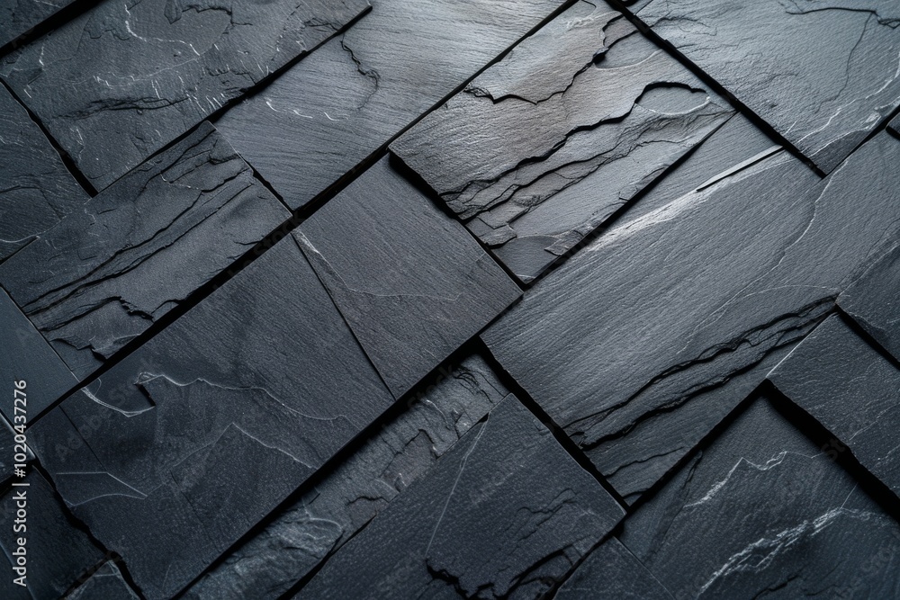 Textured dark grey slate tiles at an angle, showcasing their layered ...