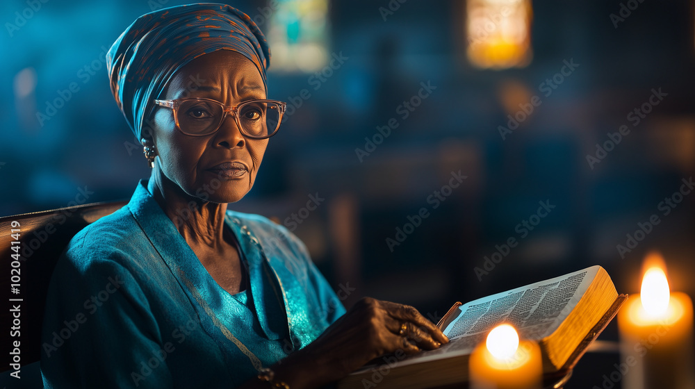 An elderly African woman, sitting quietly in a church pew, her hands ...