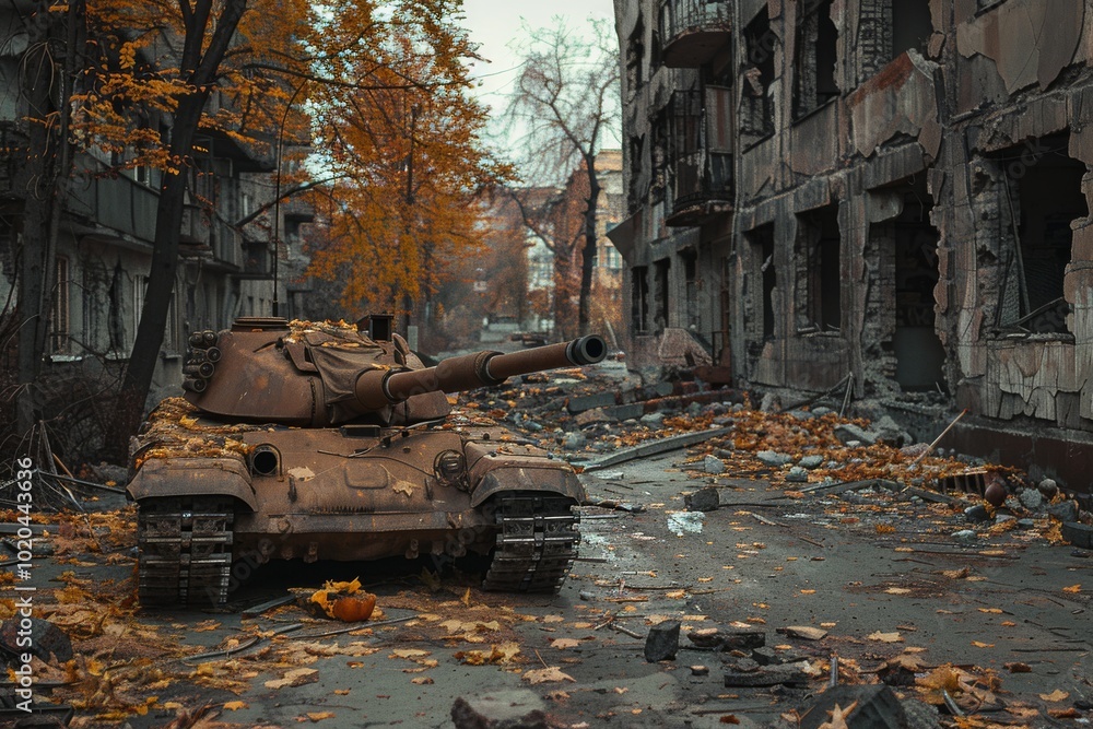 Rusting tank in a war-torn city street, surrounded by autumn leaves and ...