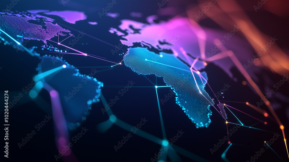 A stunning, abstract world map with vibrant colors and geometric shapes ...