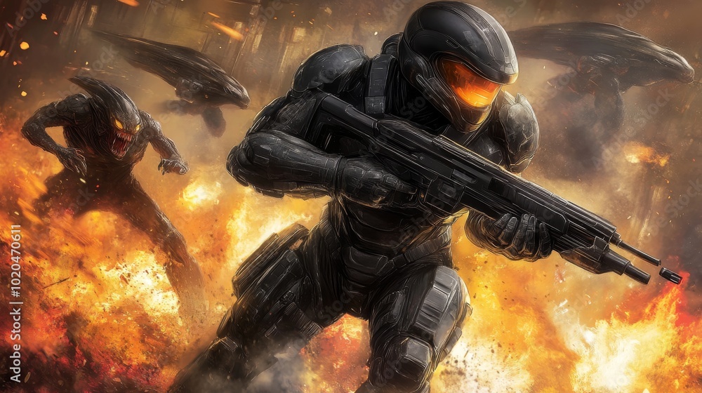 Characters from a video game shooting an action scene against aliens ...