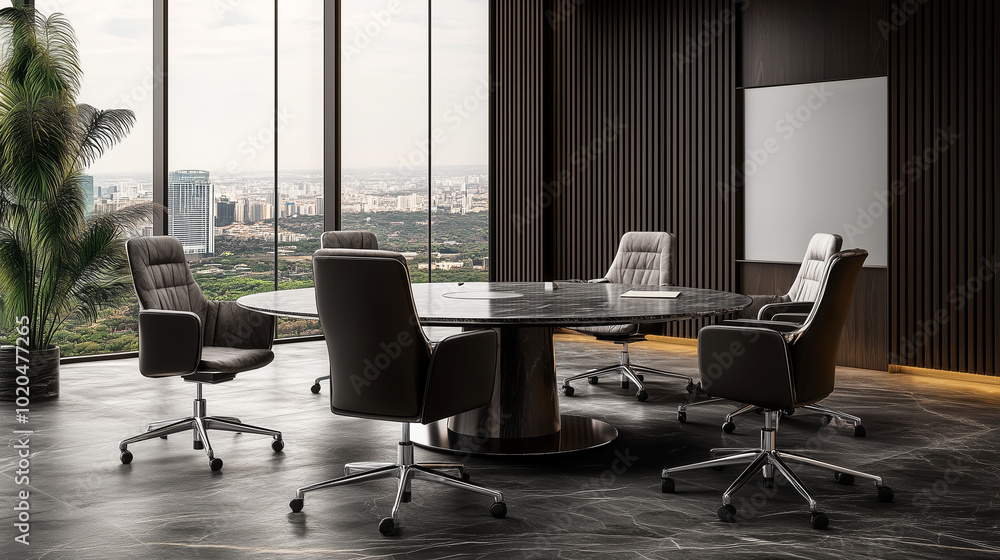 A stylish corporate office interior with a round marble meeting table ...
