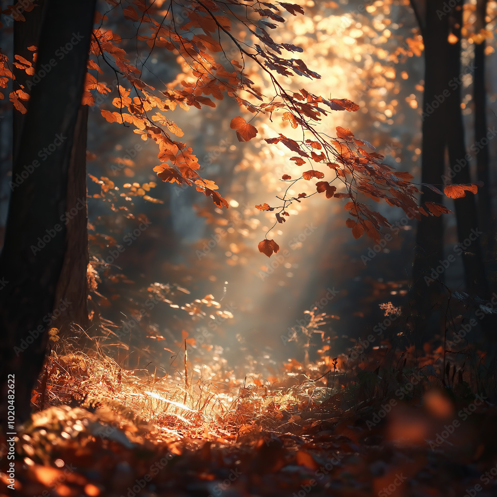 Autumn forest, sunlight shining through the leaves, creating an orange ...