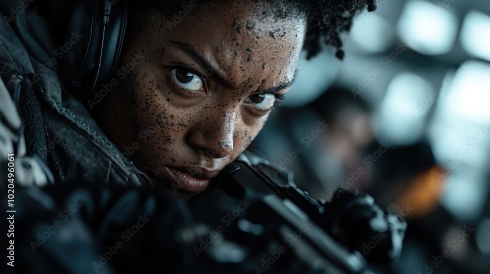 A fierce warrior, focused and determined, aims her rifle in a blurred ...
