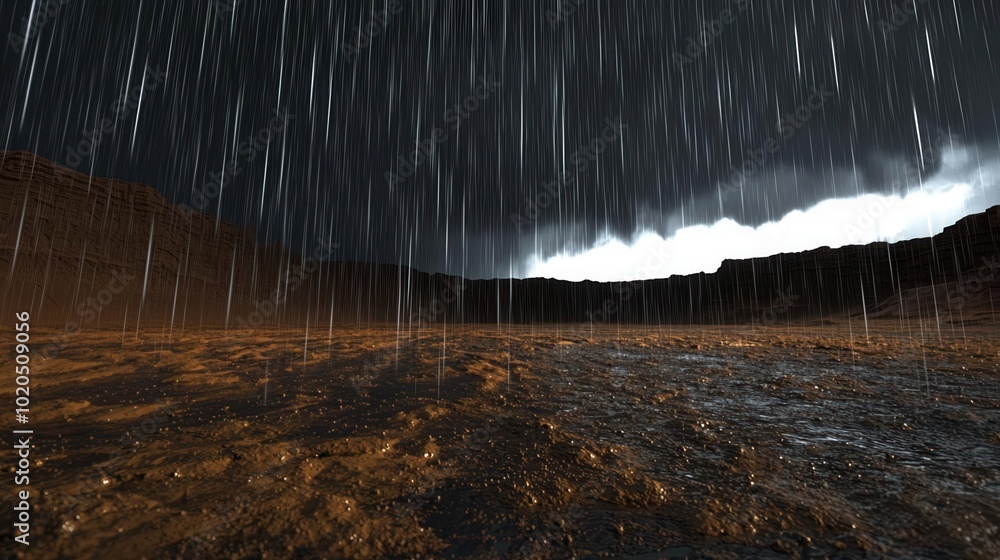 Heavy rainfall flooding a desert valley, transforming the landscape ...