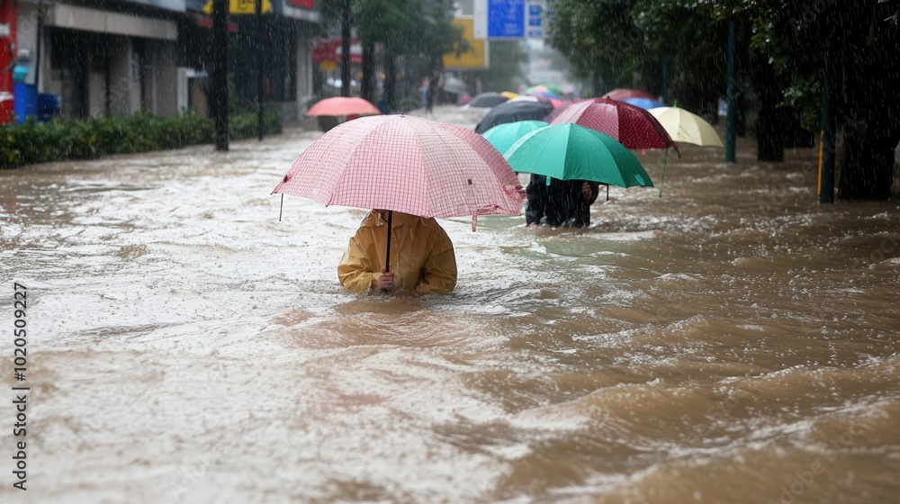 People evacuating through knee-high water in a city street, umbrellas ...