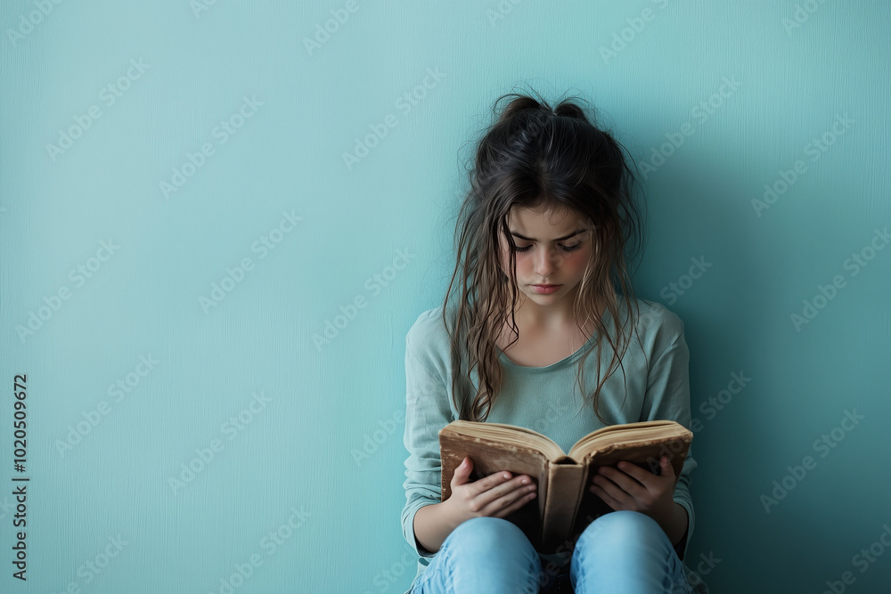 A girl quietly reading an open book while sitting against a light blue ...