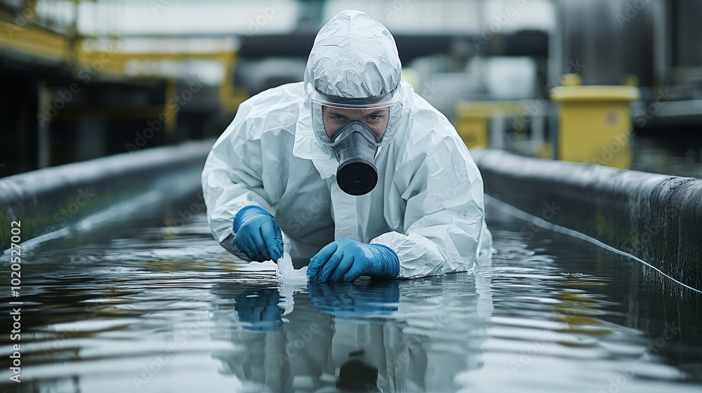 environmental engineer in safety gear meticulously collecting water ...