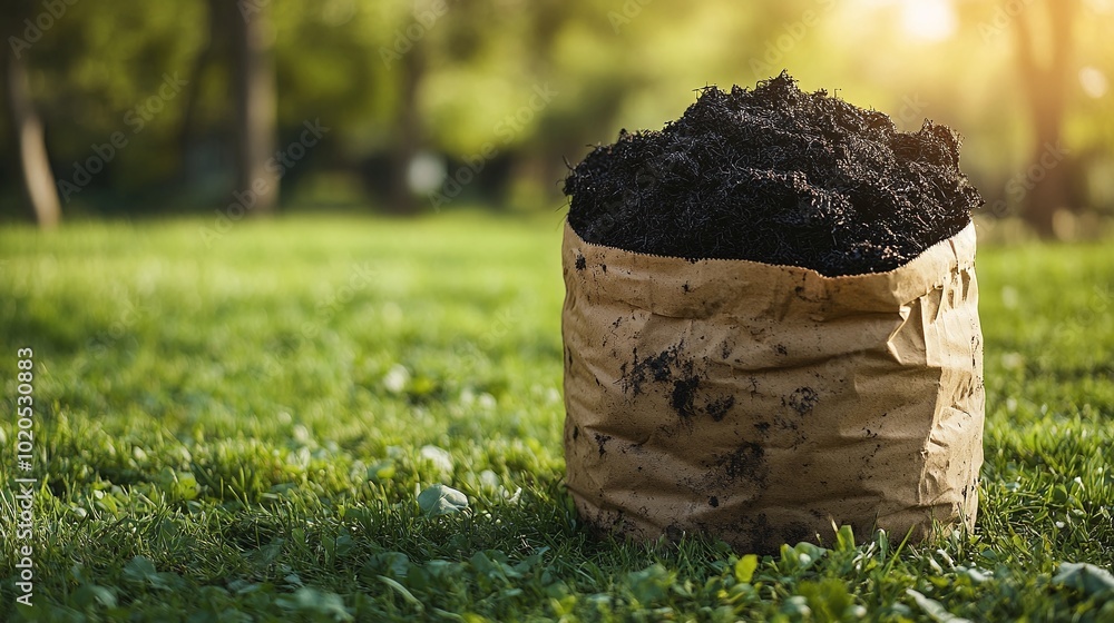 biodegradable paper bag filled with biochar in a natural grassy field ...