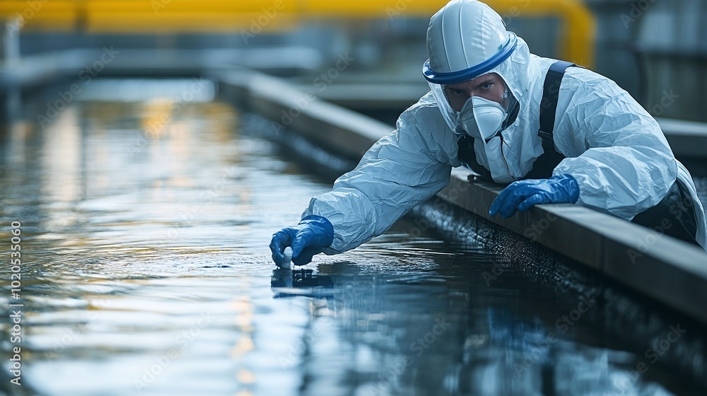 an environmental engineer in full protective gear gathering a water ...