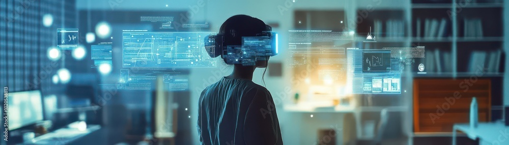 Teacher using augmented reality to teach a virtual class, with floating ...