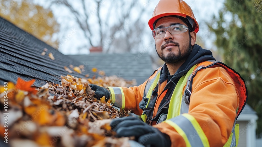 worker using safety equipment while cleaning gutters filled with leaves ...