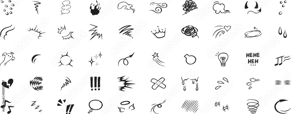 Anime emotion effects set. Line movement elements, comic emotive ...