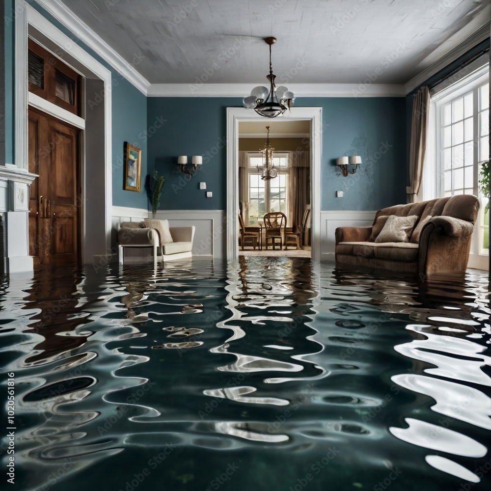 interior flooded with water, furniture partially submerged, creating an ...