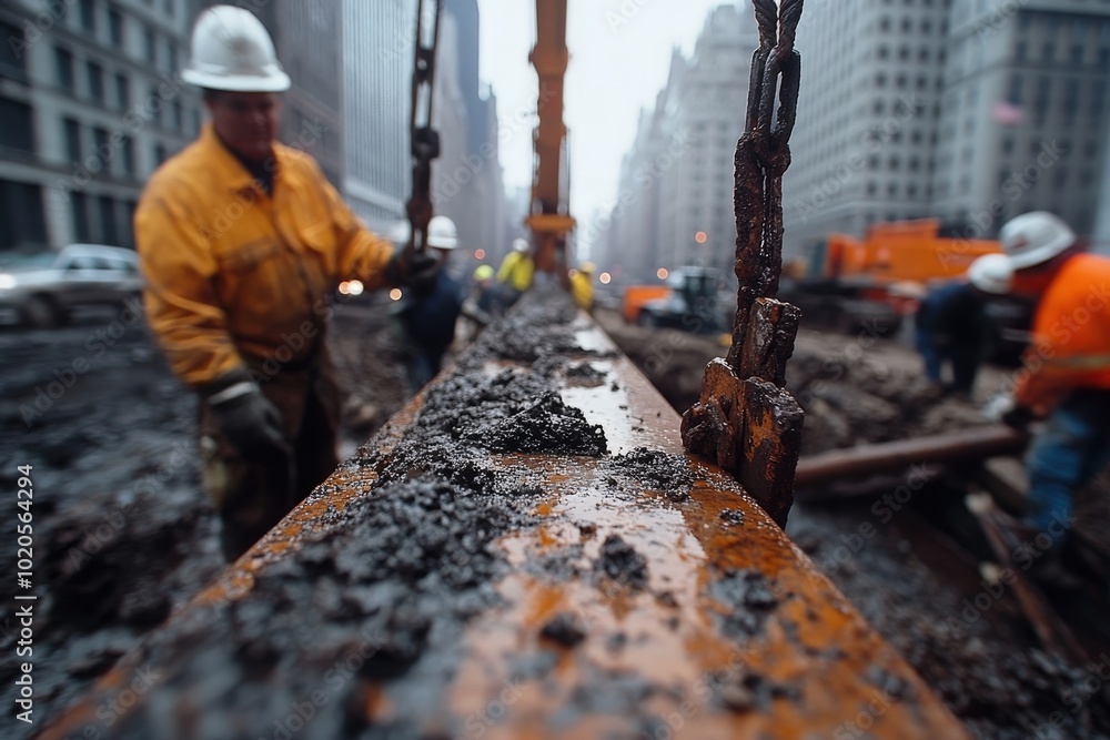 At a bustling construction site in the city, workers covered in mud ...
