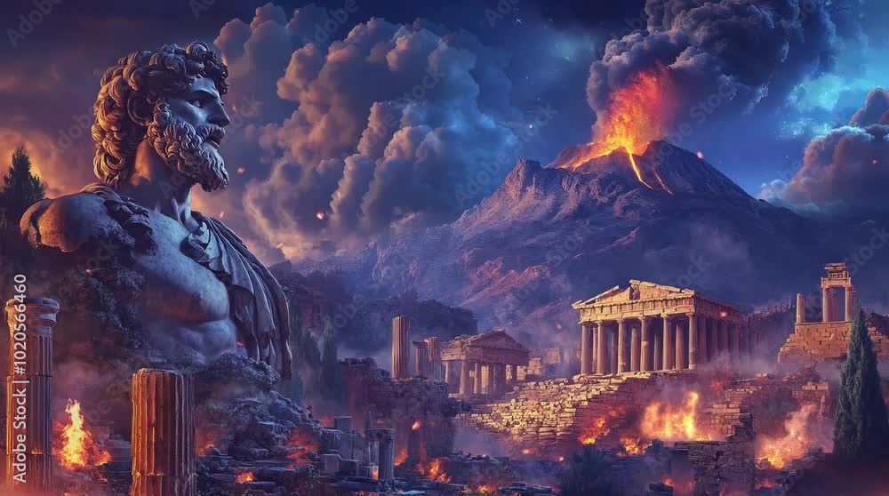 Zeus statue with a view of collapsed ancient Greek buildings with a ...