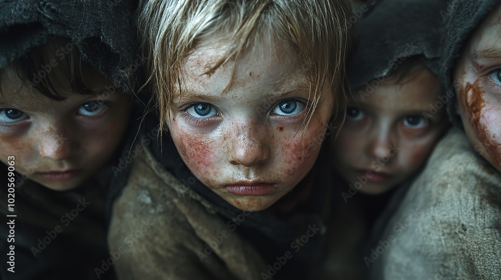 emotional portrait of hungry and poor children facing the camera with ...