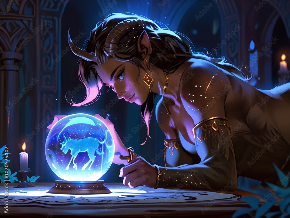 Fortune teller fairy pixie elf looking at crystal ball for fortune telling AI generated Stock ...